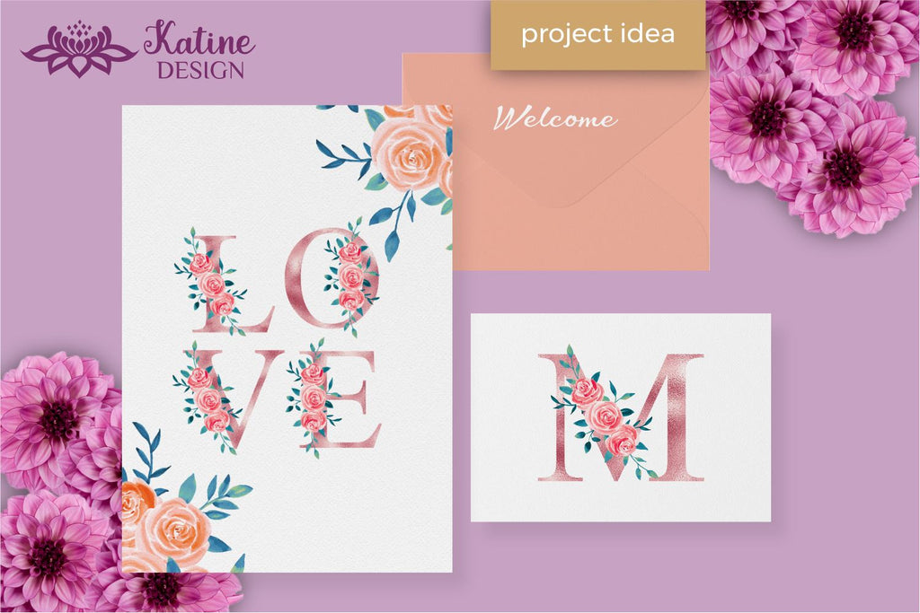 Rose gold alphabet letters clipart Sublimation flower font Floral ...