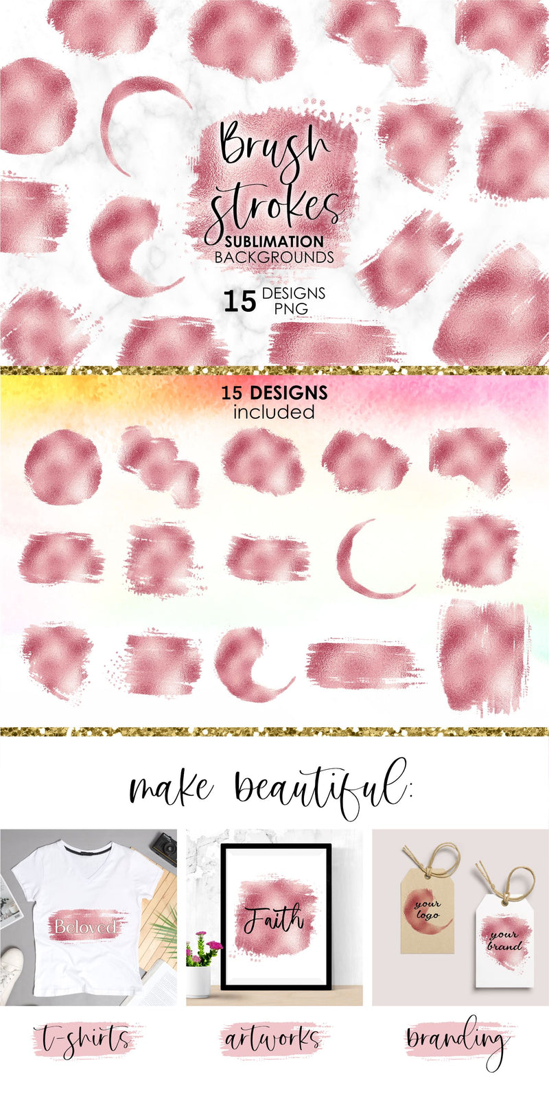 Rose Gold Foil Sublimation Background Bundle Paint Splatter, brush ...