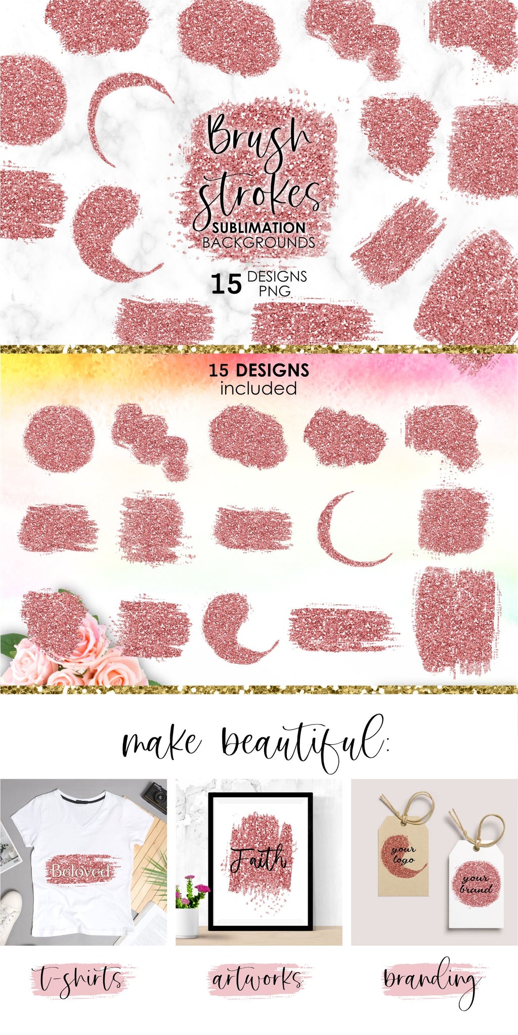 Rose Gold Glitter Brush Stroke Sublimation Background Bundle, brush ...