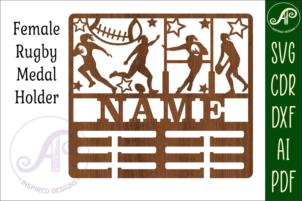 Rugby female medal holder Name svg laser cut template - So Fontsy