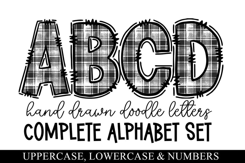 Rustic Buffalo Plaid Doodle Letters, Sublimation Alphabet - So Fontsy