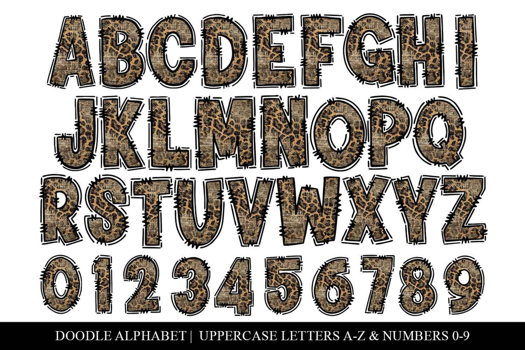 Rustic Wood & Leopard Doodle Letter Sublimation Alphabet Set - So Fontsy