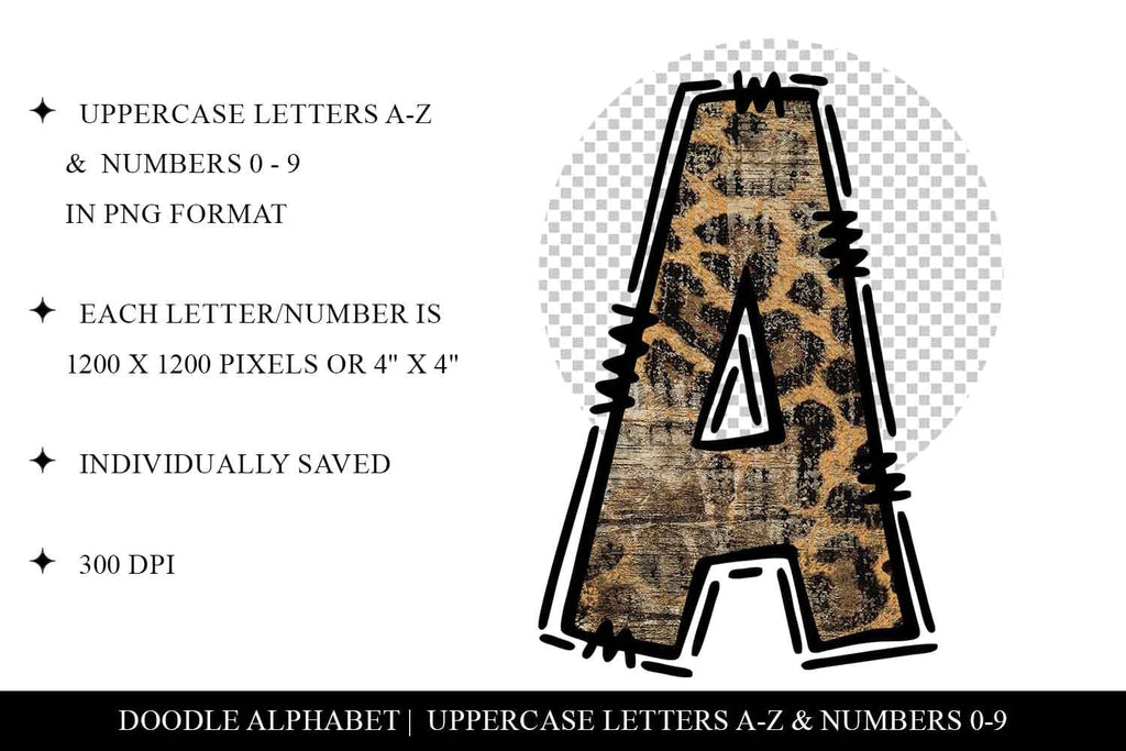 Rustic Wood & Leopard Doodle Letter Sublimation Alphabet Set - So Fontsy