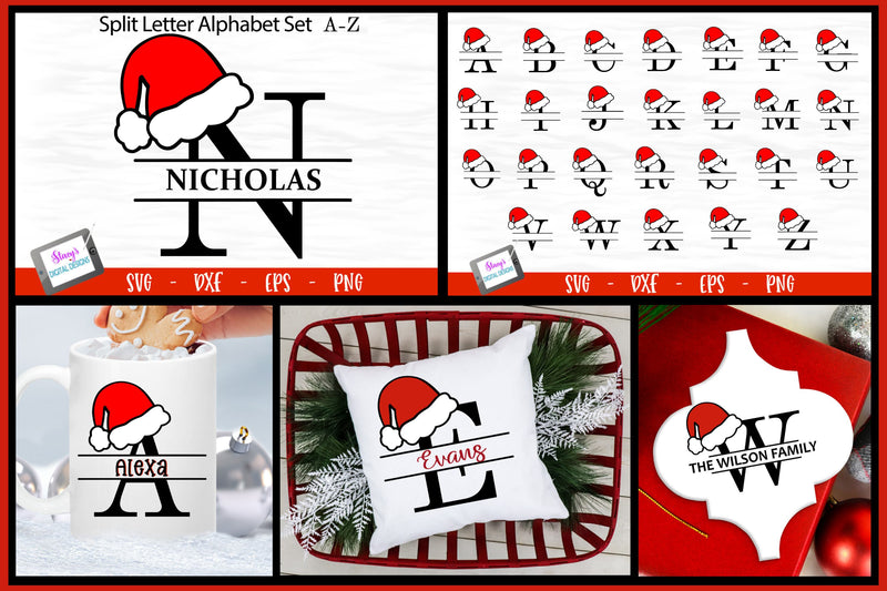 Santa Hat Split Letters A-Z - 26 Christmas Split Monograms - So Fontsy