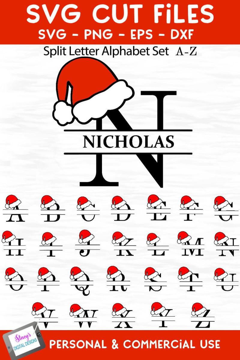 Santa Hat Split Letters A-Z - 26 Christmas Split Monograms - So Fontsy