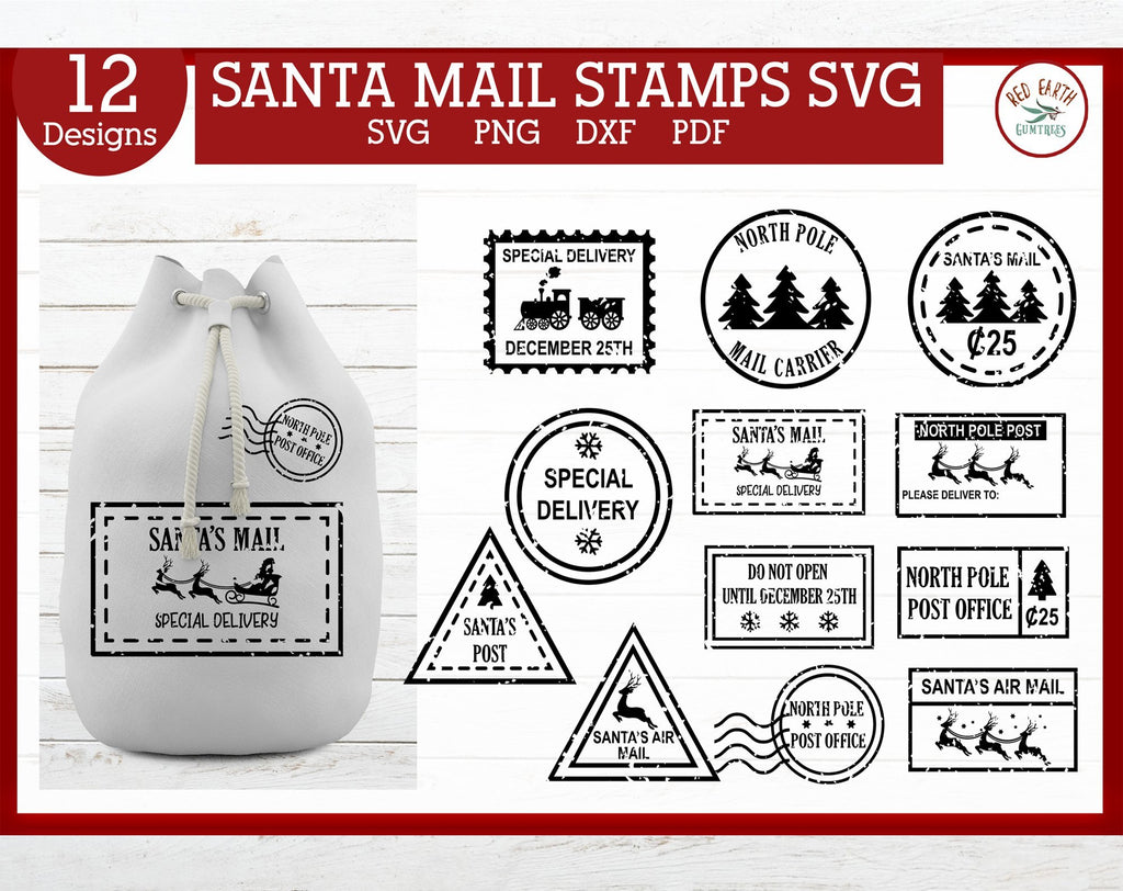 Santa mail stamps bundle SVG,santa sack north pole stamp svg - So Fontsy