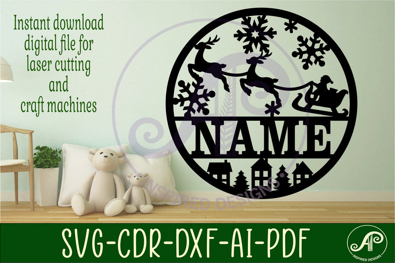 Santa Sleigh Christmas Name sign svg laser cut template - So Fontsy