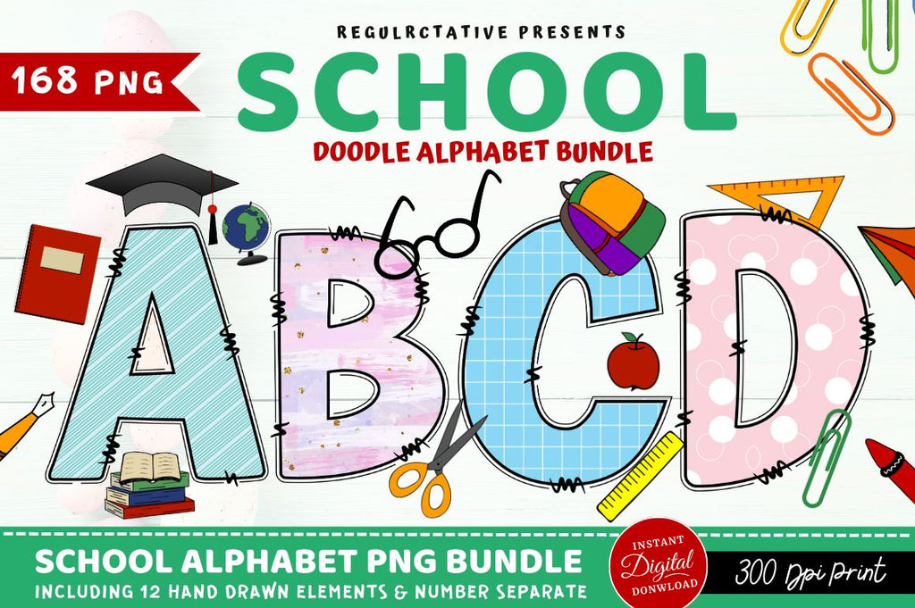 School Doodle Alphabet Bundle with Hand Drawn Clipart - So Fontsy