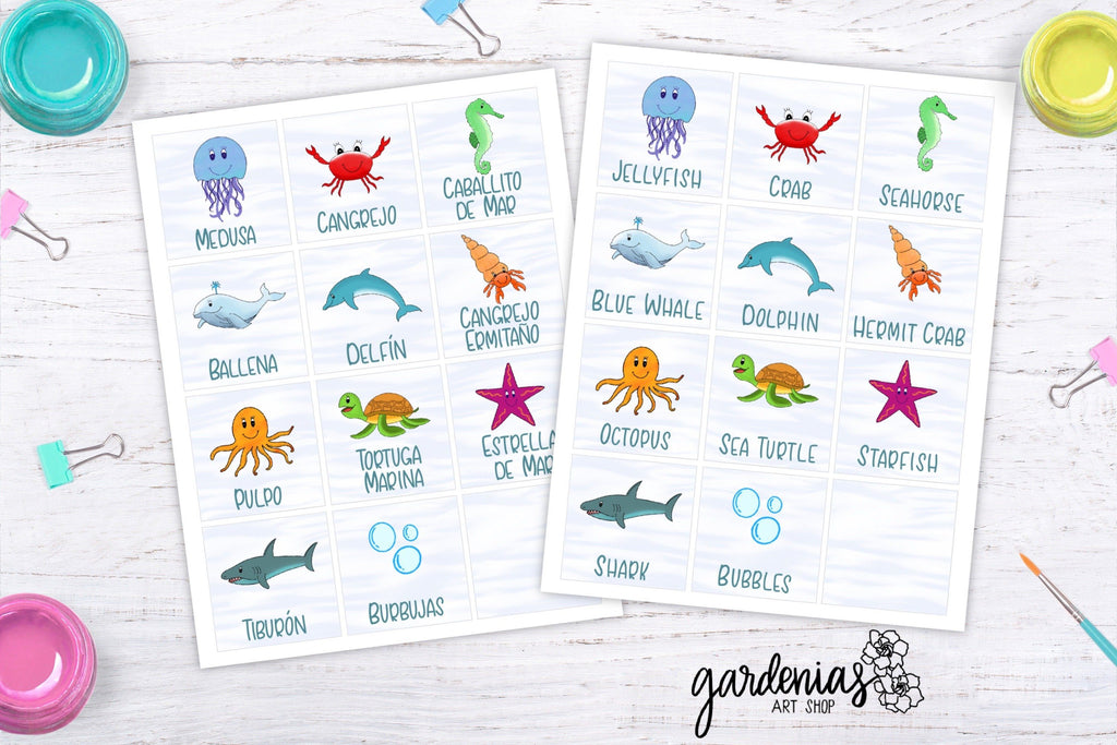 Sea Animals Memory English Spanish - So Fontsy