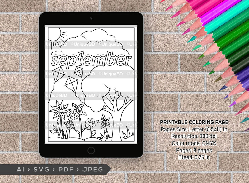 September Month Printable Coloring Page Bundle, PDF Colouring Book ...