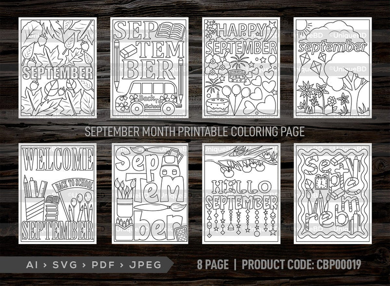 September Month Printable Coloring Page Bundle, PDF Colouring Book ...