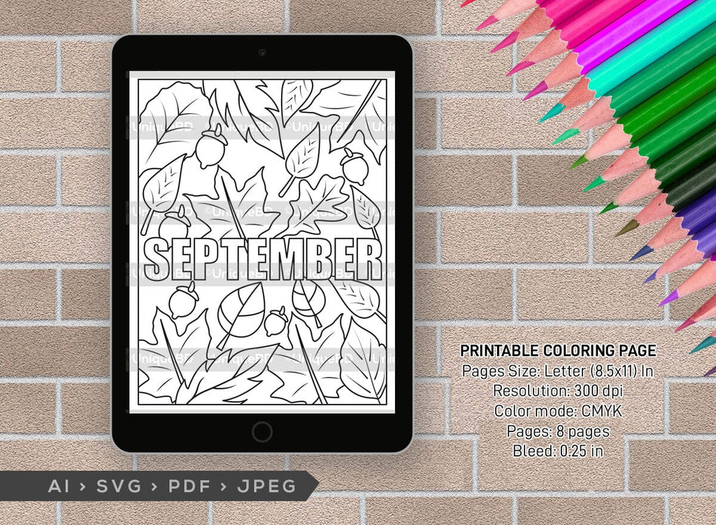 September Month Printable Coloring Page Bundle, PDF Colouring Book ...