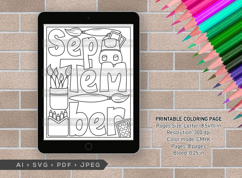 September Month Printable Coloring Page Bundle, PDF Colouring Book ...