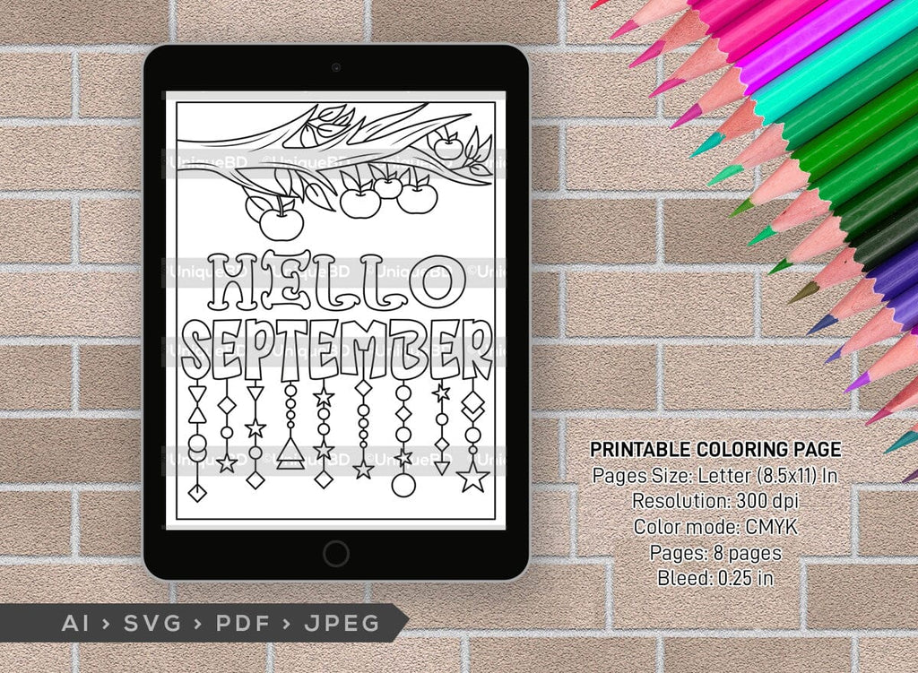 September Month Printable Coloring Page Bundle, PDF Colouring Book ...