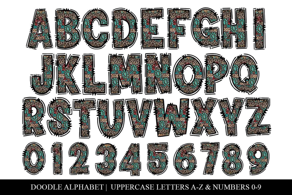 Serape, Teal & Leopard Letters, Western Doodle Alphabet Set - So Fontsy