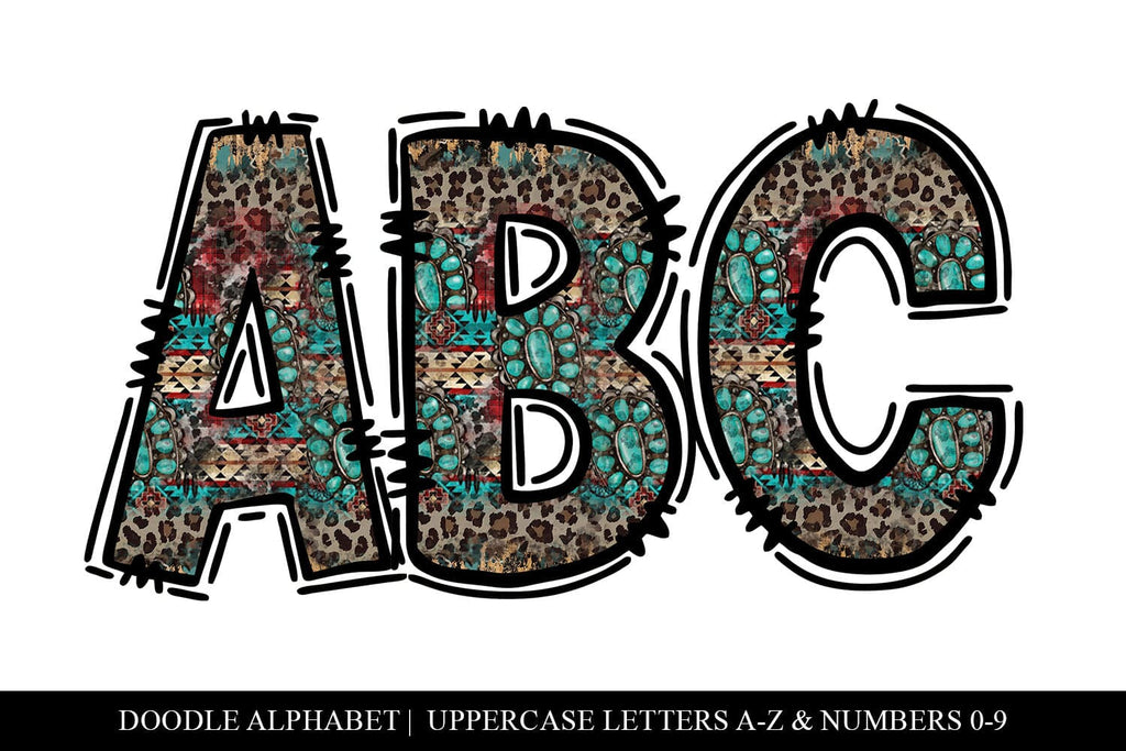 Serape, Teal & Leopard Letters, Western Doodle Alphabet Set - So Fontsy