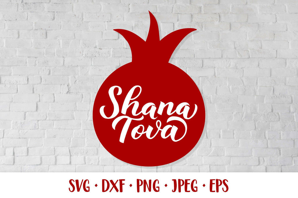 Shana Tova hand lettered on pomegranate SVG. Jewish holiday - So Fontsy