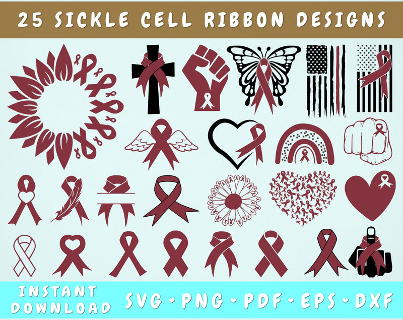 Sickle Cell Awareness SVG Bundle, 25 Designs, Sickle Cell Ribbon SVG ...