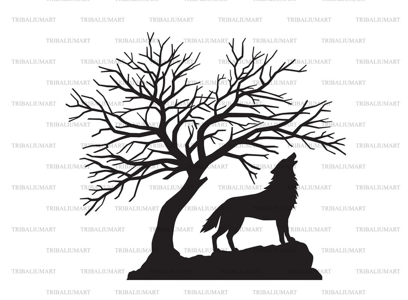 Silhouette of howling wolf and scary bare black tree. Cut files for Cricut. Clip Art silhouette ...