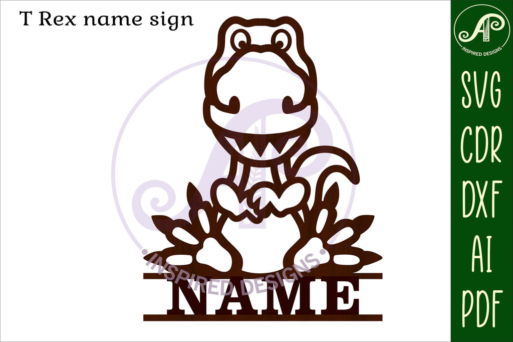 Sitting T Rex theme Name sign svg laser cut template - So Fontsy