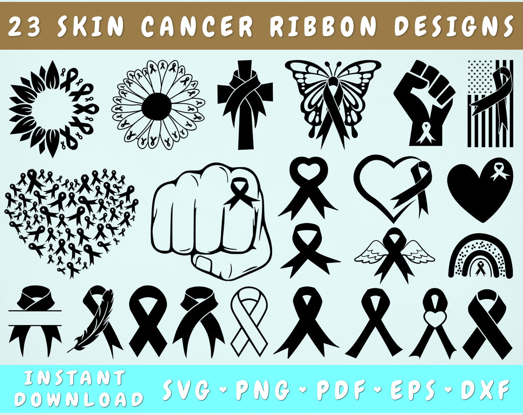 Skin Cancer Ribbon SVG Bundle, 23 Designs, Skin Cancer Clipart, Black ...