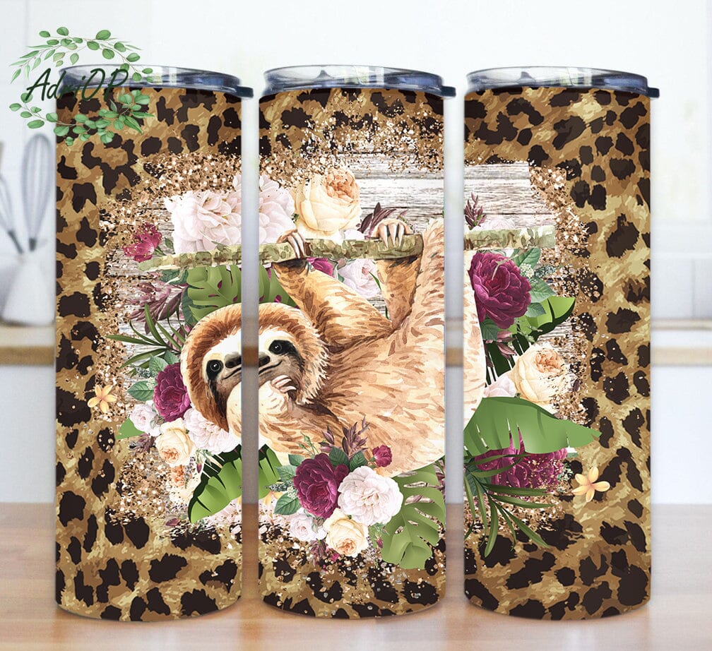 Sloth Floral 20oz Skinny Tumbler, Sloth Tumbler Design, Leoprad Glitter ...