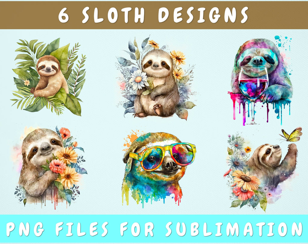 Sloth Sublimation Designs Bundle, 6 Designs, Cute Sloth PNG Files ...