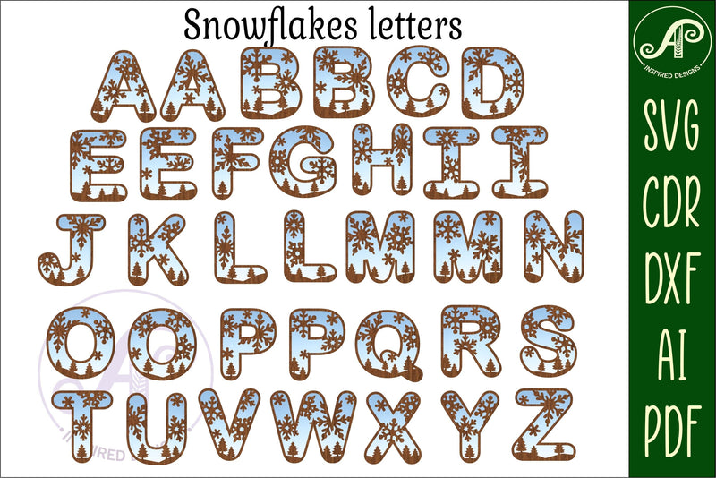 Snowflake letters alphabet set. 34 layered letters. - So Fontsy