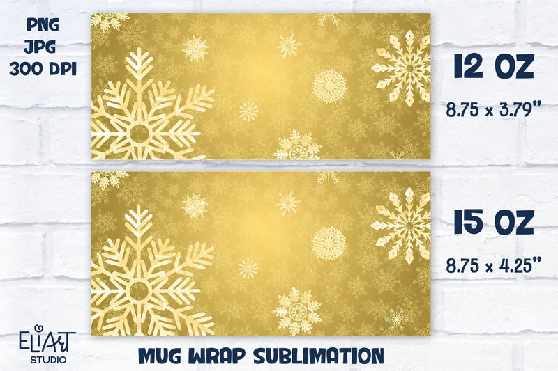 Snowflake Mug Wrap Sublimation, Golden Snowflake Design. - So Fontsy