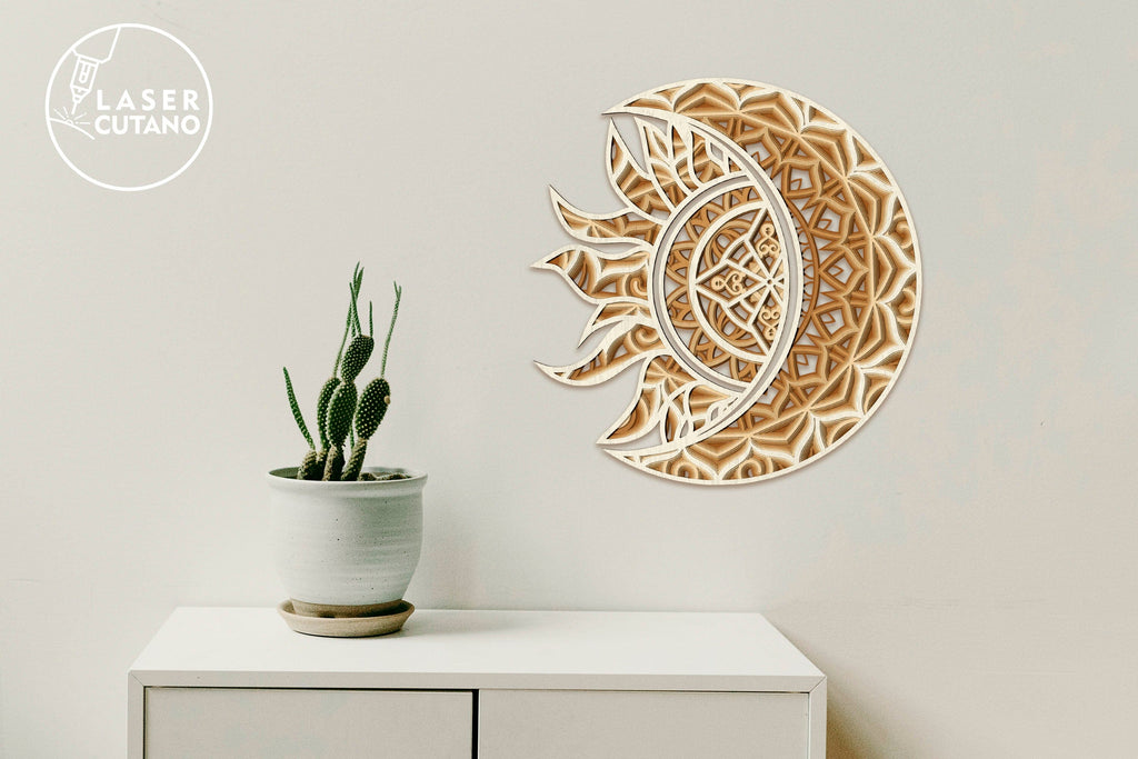 Solar Eclipse Laser Cut Wood Wall Art Sun and Moon - So Fontsy