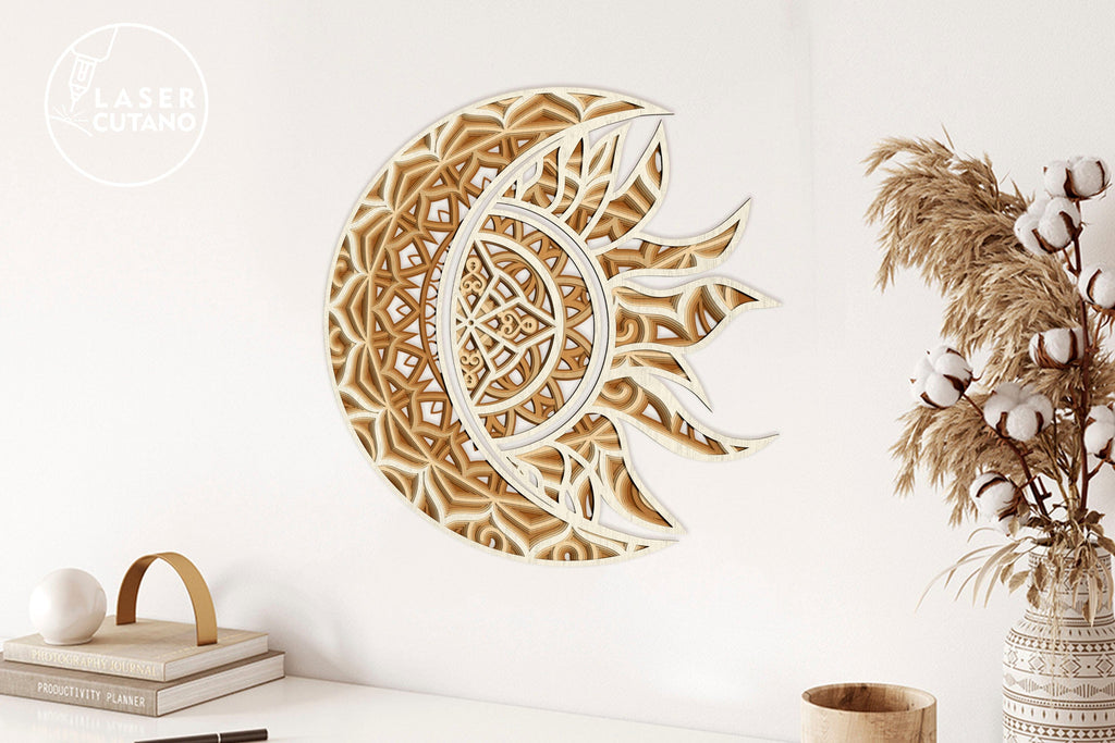 Solar Eclipse Laser Cut Wood Wall Art Sun and Moon - So Fontsy