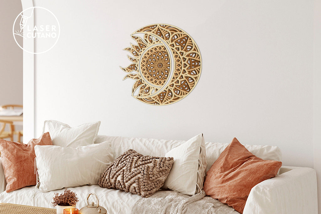 Solar Eclipse Laser Cut Wood Wall Art Sun and Moon - So Fontsy