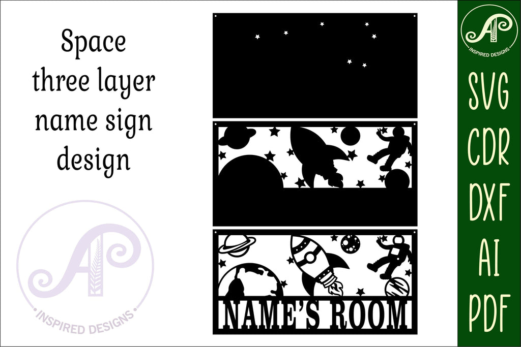 Space scene name sign SVG 3 layer laser cut template - So Fontsy