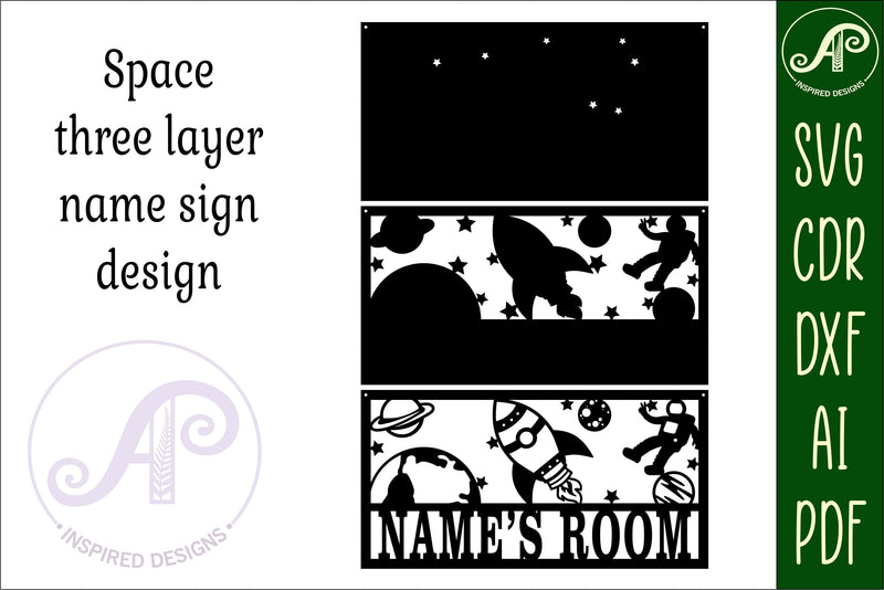Space scene name sign SVG 3 layer laser cut template - So Fontsy