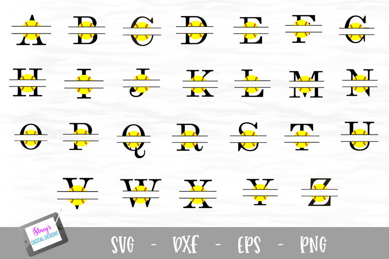 Split Letters A-Z - 26 Split Monogram Softball SVG alphabet - So Fontsy