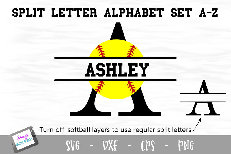 Split Letters A-Z - 26 Split Monogram Softball SVG alphabet - So Fontsy