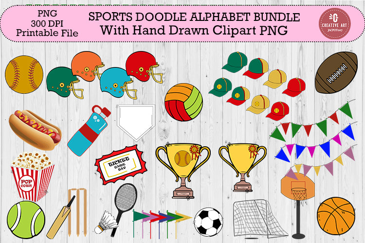 Sports Doodle Alphabet Bundle with Hand Drawn Clipart PNG - So Fontsy