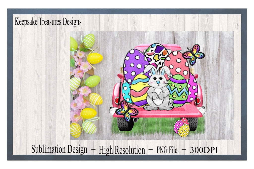 Spring Easter Truck, Hand Drawn Bunny, PNG for Sublimation, Pink Truck ...
