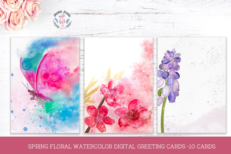 Spring Easter Watercolor Cards with Flowers - So Fontsy