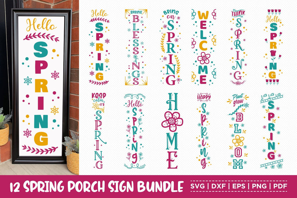 Spring Porch Sign Bundle, 12 Spring vertical Sign SVG - So Fontsy