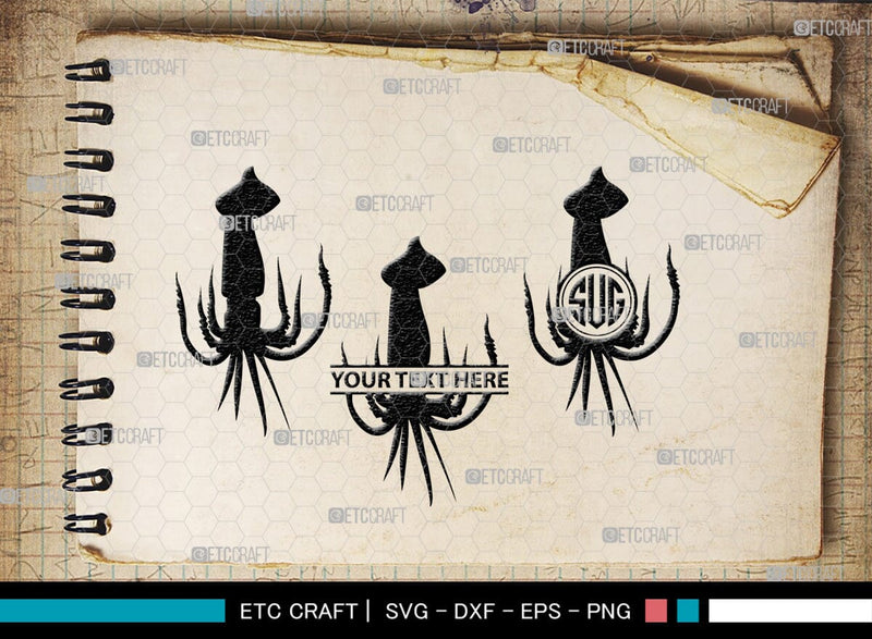 Squid Monogram, Squid Silhouette, Squid SVG, Octopus Svg, Kraken Svg ...