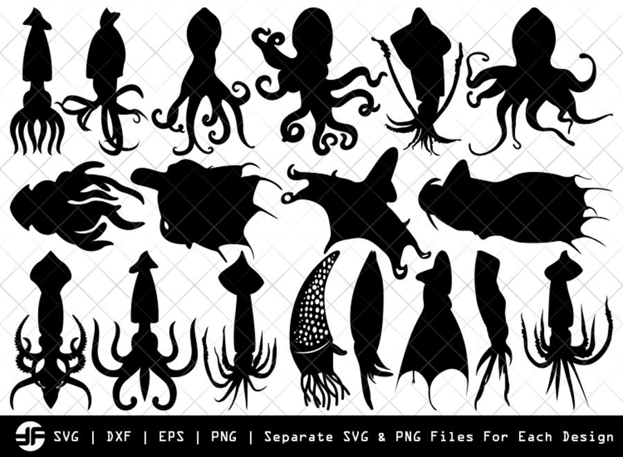 Squid SVG | Sea Fish SVG | Silhouette Bundle | SVG Cut File - So Fontsy