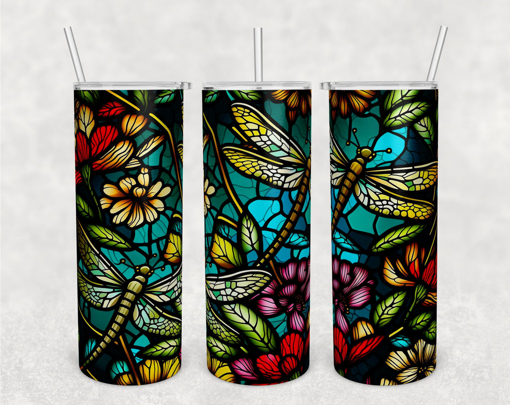 Stained Glass Dragonflies Tumbler Wraps Bundle, 20 Oz Skinny Tumbler Dragonflies Sublimation ...