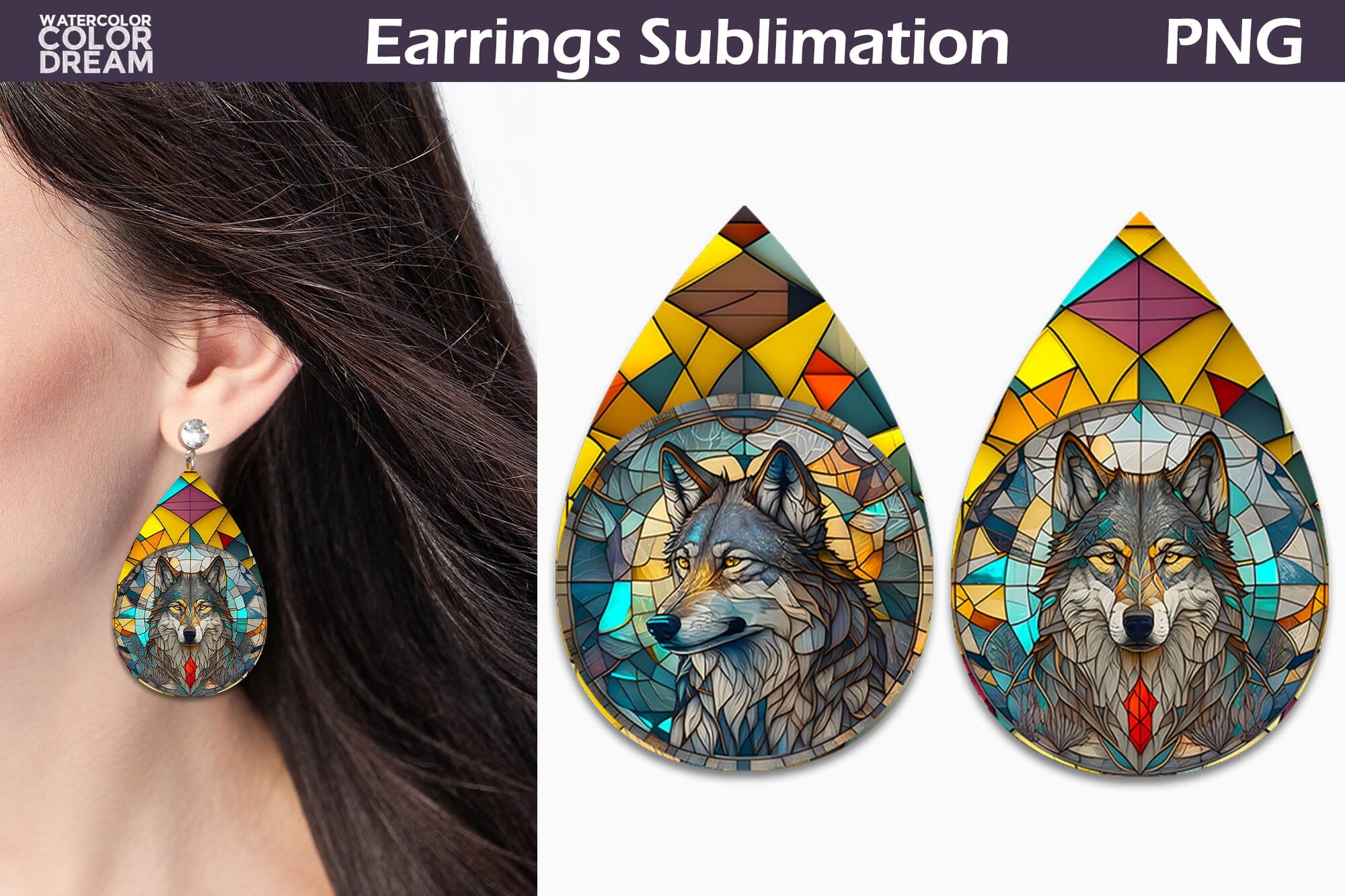Stained Glass Teardrop Earrings | Wolf Earrings Sublimation - So Fontsy