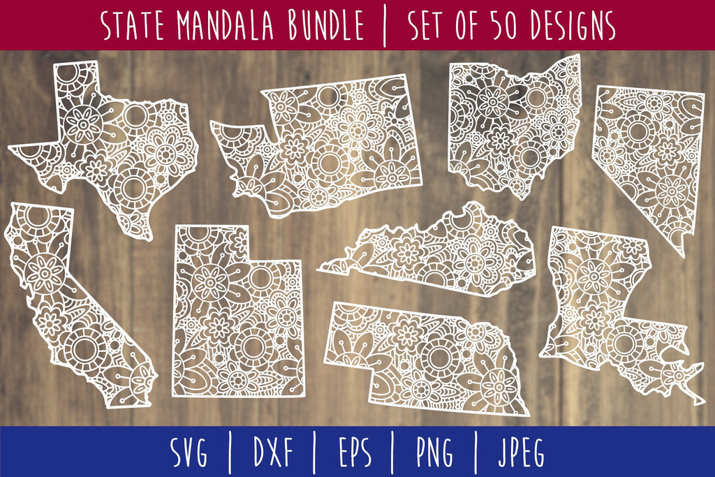 State Mandala Zentangle Bundle Set of 50 - USA SVG - So Fontsy
