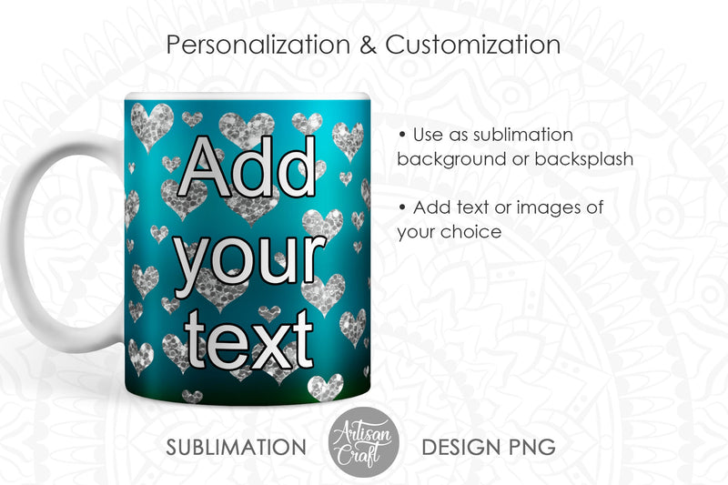 Sublimation mug designs silver glitter hearts | So Fontsy