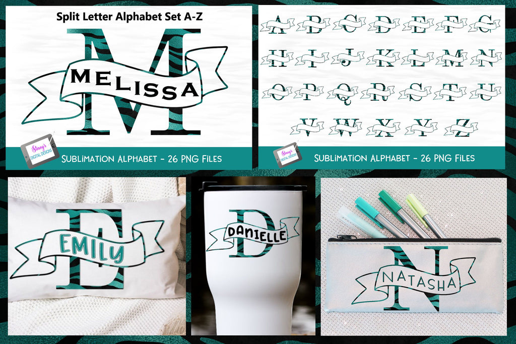 Sublimation Split Letters - Black and teal monogram set A-Z - So Fontsy