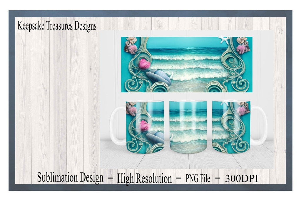Summer Blue Ocean Waves,11oz Mug Wrap and Coaster Template, PNG ...