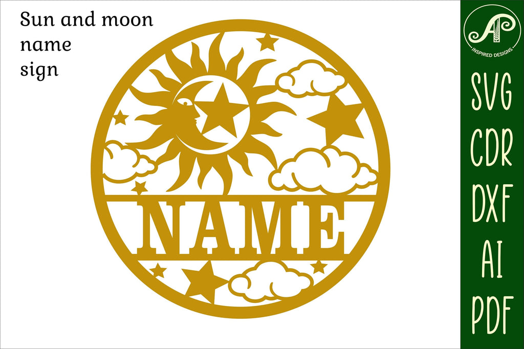 Sun and moon name sign svg laser cut template - So Fontsy