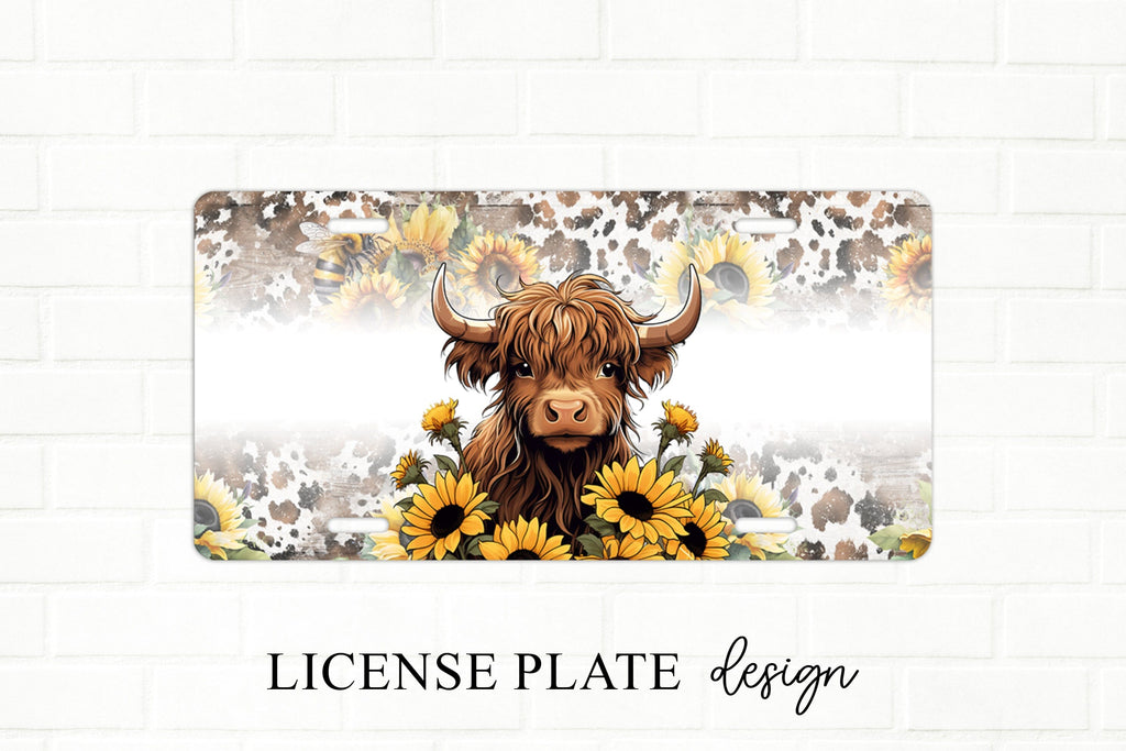 Sunflower Cow License Plate Sublimation Design - So Fontsy